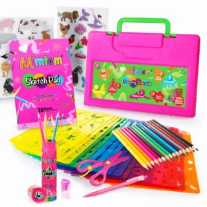 mimtom drawing stencil kit for kids, 60 pc art set with 370+ shapes, sketch pad, and colored pencils for diy arts and crafts for boys and girls, draw with letter, animal and car stencils, pink