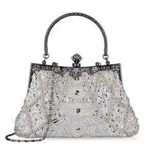 fashion vintage style handbag beaded sequined evening bag wedding party handbag rhinestone clutch purse (silver)