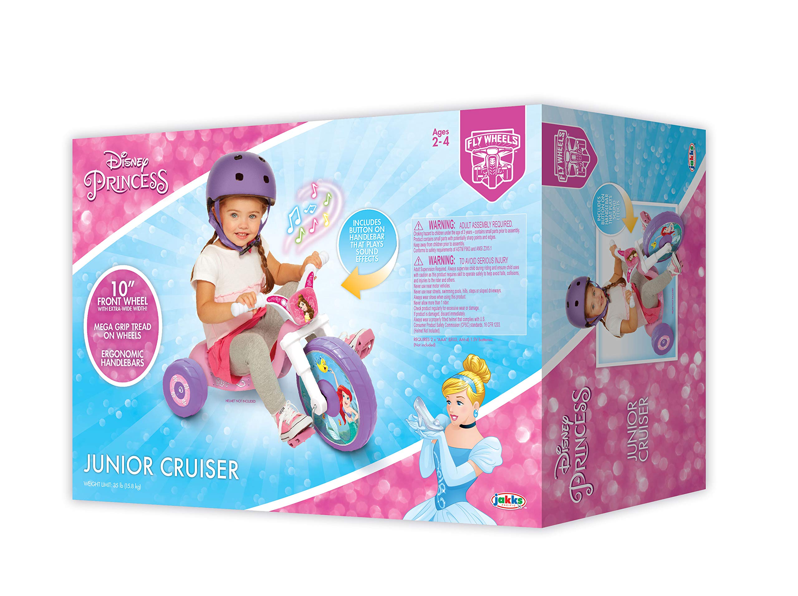 Disney Interactive Studios Disney Princess Ride-On 10" Fly Wheels Junior Cruiser Tricycle with Sounds - Toddler Bike Trike, Ages 18-36M, for Kids 33”-35” Tall - 35 lbs. Weight Limit