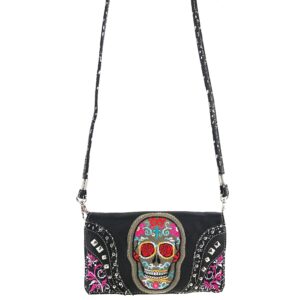 Justin West Fashion Floral Embroidery Rhinestone Skull Shoulder Concealed Carry Handbag Purse (Black Sugar Handbag Wallet Set)