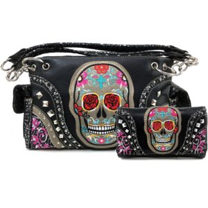 justin west fashion floral embroidery rhinestone skull shoulder concealed carry handbag purse (black sugar handbag wallet set)