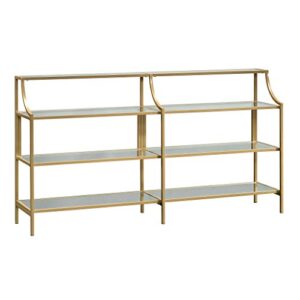 sauder international lux console table 5 tier modern metal multipurpose sofa table bookcase with glass shelving, in satin gold