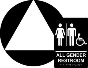 all gender restroom sign set, ada compliant title 24 set, wall & door sign, braille grade ii(californian), title 24,12" diameter round door sign & tactile wall sign (black)