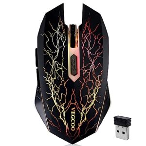 vegcoo wireless gaming mouse, silent click wireless gaming mouse rechargeable mice with colorful led lights and 2400/1600/1000 three gears adjustable dpi, ergonomic mouse for laptop pc (c11 black)