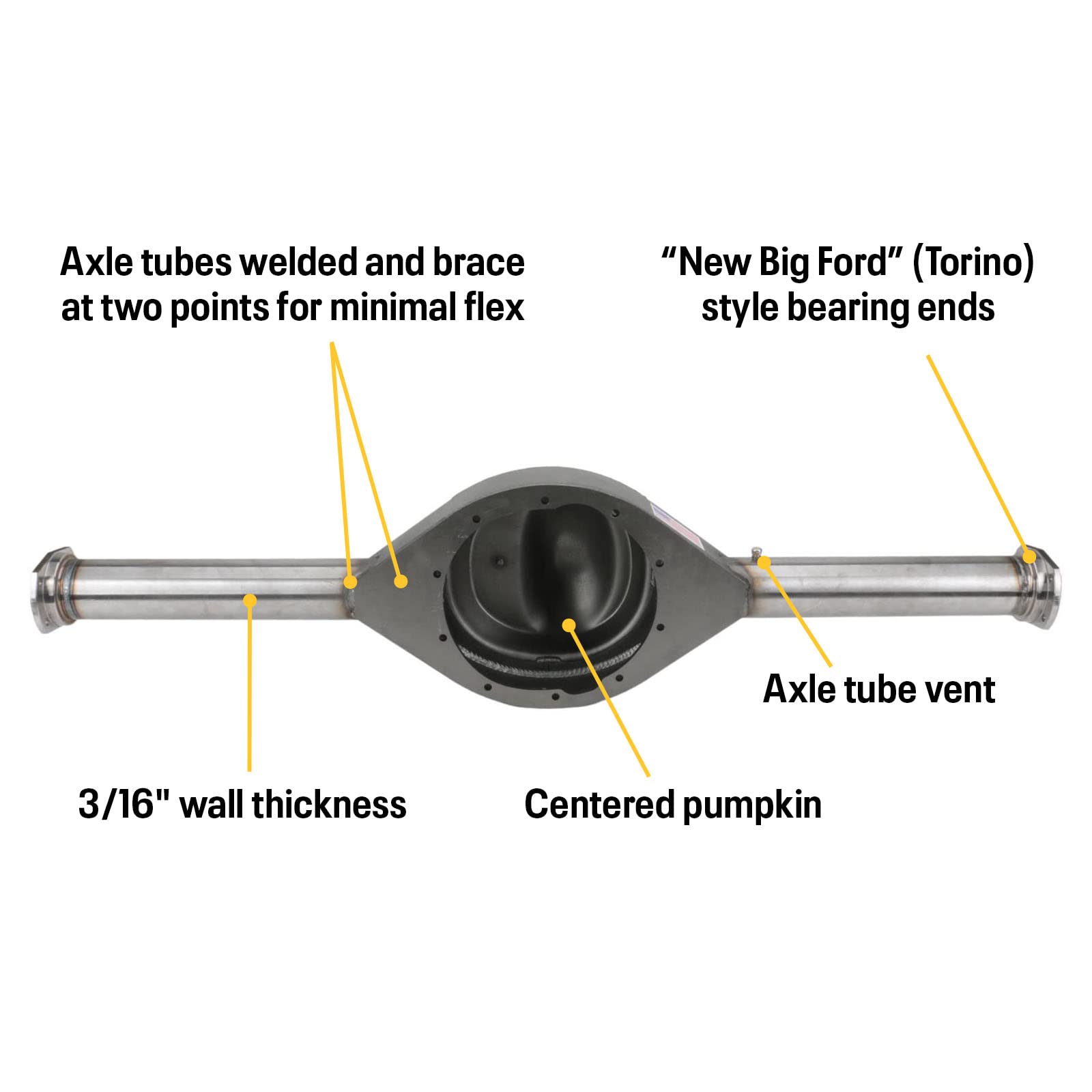 Speedway Motors Fabricated Rear-End Axle Housing, Fits Ford 9 Inch, 60 Inch Width, Pumpkin Centered Housing, Vent on Driver Side Axle Tube, Includes Studs