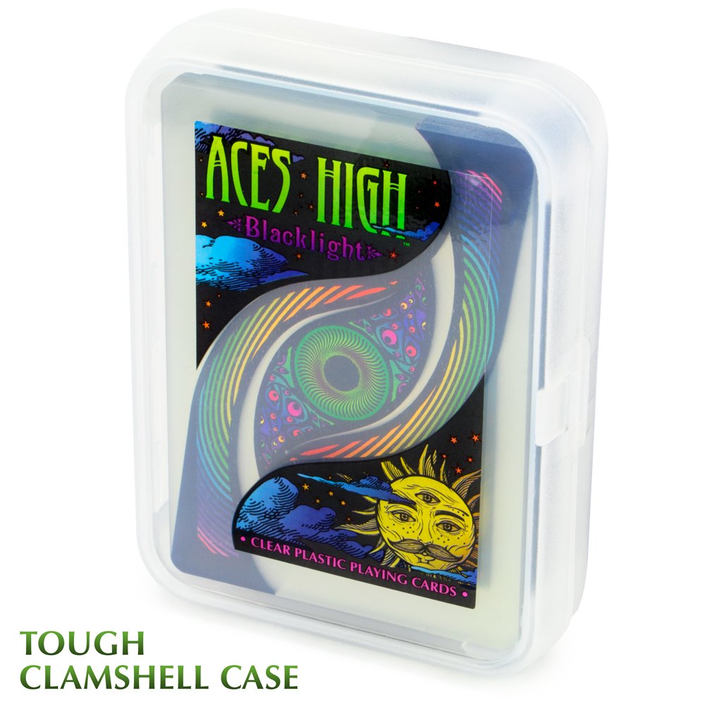 Brybelly Aces High - Clear Plastic Playing Cards Themed with Blacklight Celestial Artwork in a Clamshell Case - Standard Index, Thick Waterproof Playing Cards with 2 Jokers - 3.5 x 2.5-54 Card Deck