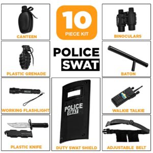 Dress Up America Police Officer SWAT Role Play Set for Kids - Police Accessory Set - Police Pretend Play Accessory Set Includes Plastic Baton and Binoculars Shield, Adjustable Belt, Flashlight & More