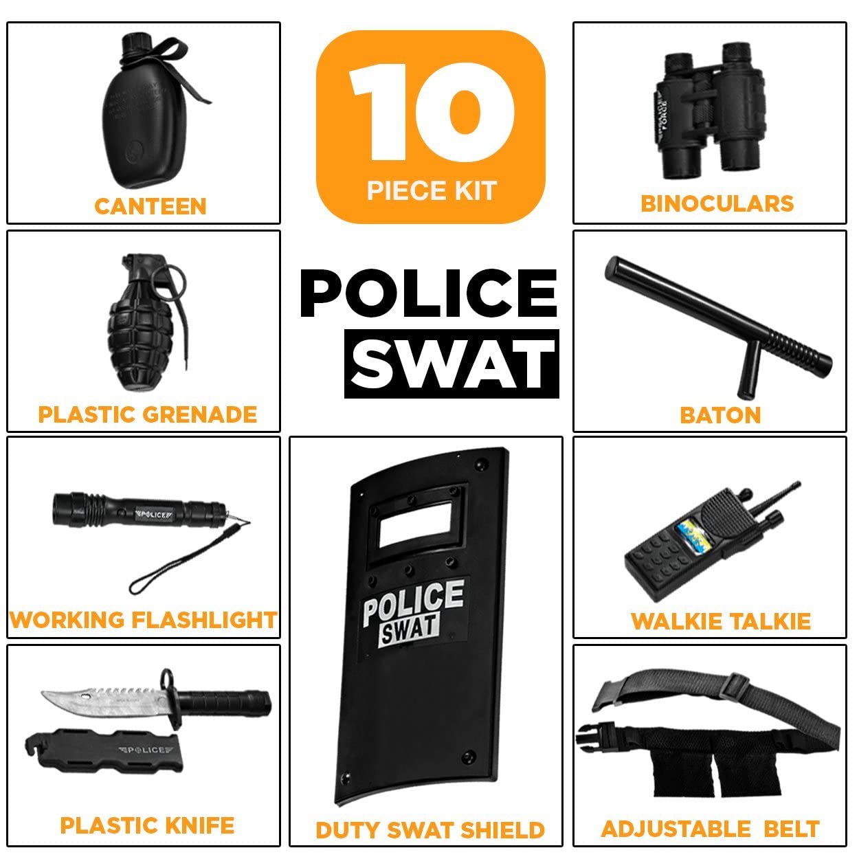 Dress Up America Police Officer SWAT Role Play Set for Kids - Police Accessory Set - Police Pretend Play Accessory Set Includes Plastic Baton and Binoculars Shield, Adjustable Belt, Flashlight & More