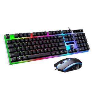 lookatool led rainbow color backlight adjustable gaming game usb wired keyboard mouse set (black)