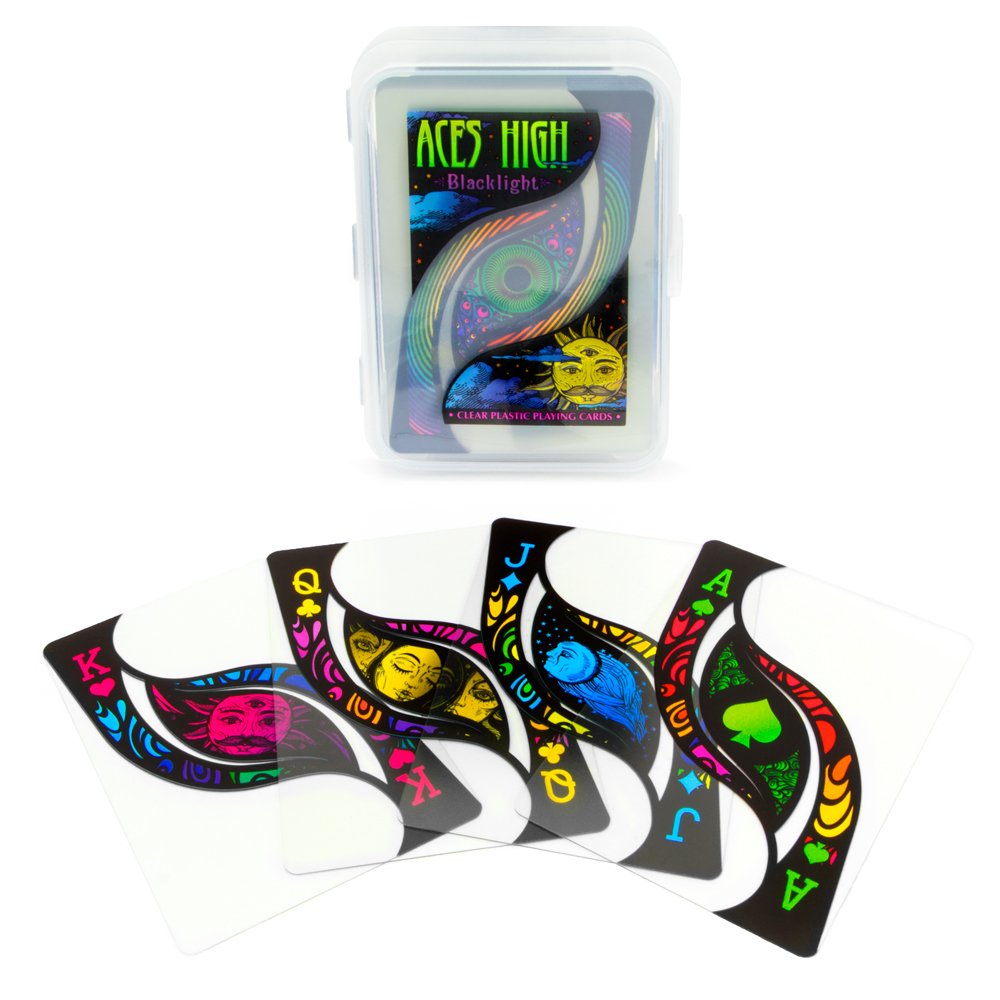 Brybelly Aces High - Clear Plastic Playing Cards Themed with Blacklight Celestial Artwork in a Clamshell Case - Standard Index, Thick Waterproof Playing Cards with 2 Jokers - 3.5 x 2.5-54 Card Deck