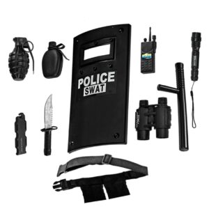 dress up america police officer swat role play set for kids - police accessory set - police pretend play accessory set includes plastic baton and binoculars shield, adjustable belt, flashlight & more