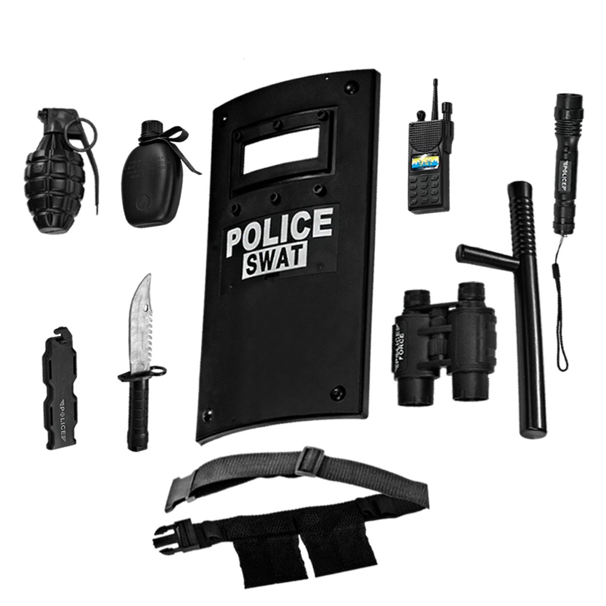 Dress Up America Police Officer SWAT Role Play Set for Kids - Police Accessory Set - Police Pretend Play Accessory Set Includes Plastic Baton and Binoculars Shield, Adjustable Belt, Flashlight & More