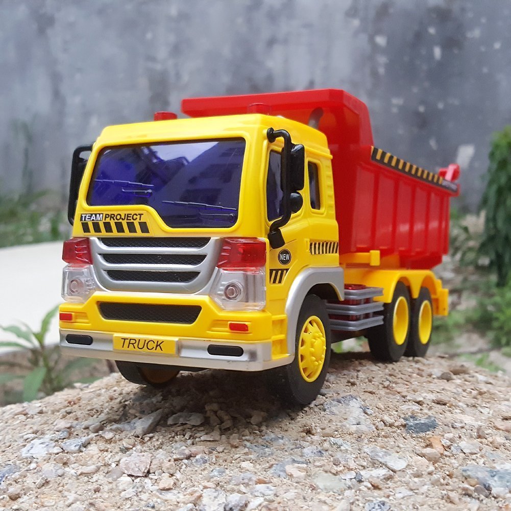 FMT 1:16 Friction Powered Toy Dump Truck With Lights & Sound Push & Go Friction Truck Toy For Boys & Girls