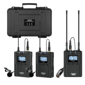 wireless lavalier microphone, comica cvm-wm200a 96-channel uhf wireless lapel microphone system for cameras/xlr camcorders interview youtube video recording, dual lav mic with 394ft transmission