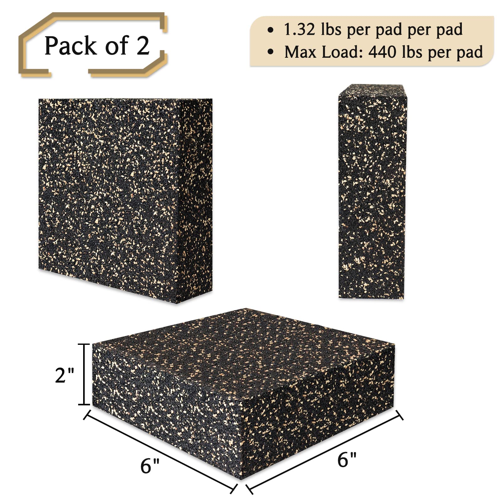 BXI Subwoofer Isolation Pad - 2 Pcs 6 X 6 X 2 Inches Bass Reduction Floorstanding Speakers Mat Riser - Thick Large Rubber Cork Anti Vibration Pads for Heavy Machine Equipment Studio Monitor Stands