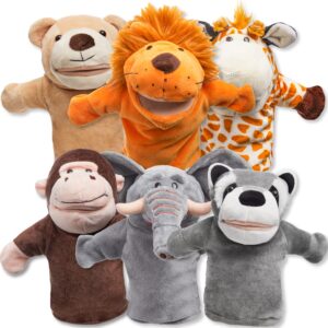 joyin 6pcs kids hand puppet set with working mouth, toddler animal plush toy includes elephant, giraffe, lion, bear, raccoon and monkey for show theater, birthday gifts