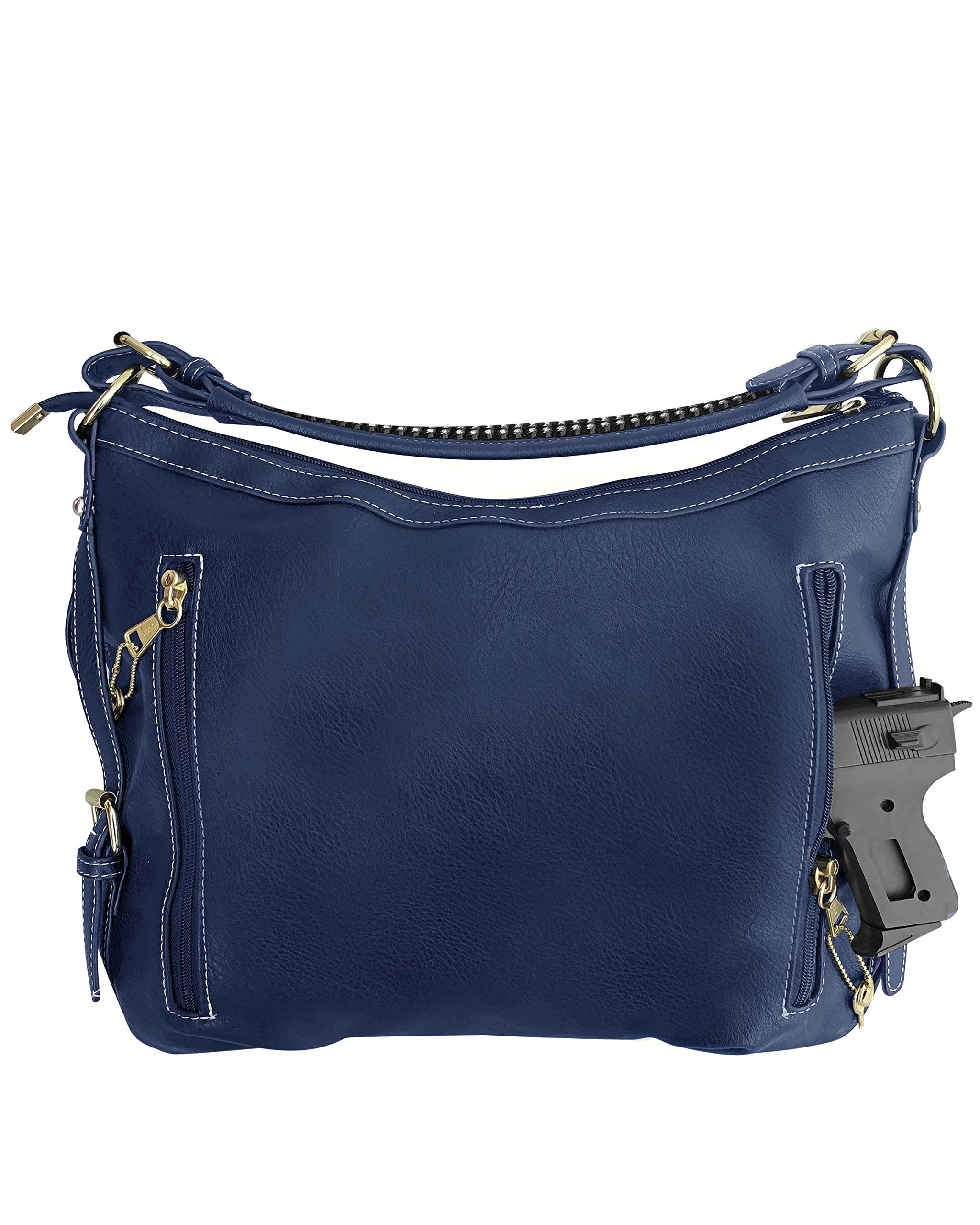 Roma Leathers Gun Concealment Purse - Vegan Leather, Convertible Multi-Purpose Strap Lockable YKK Zipper (Navy)