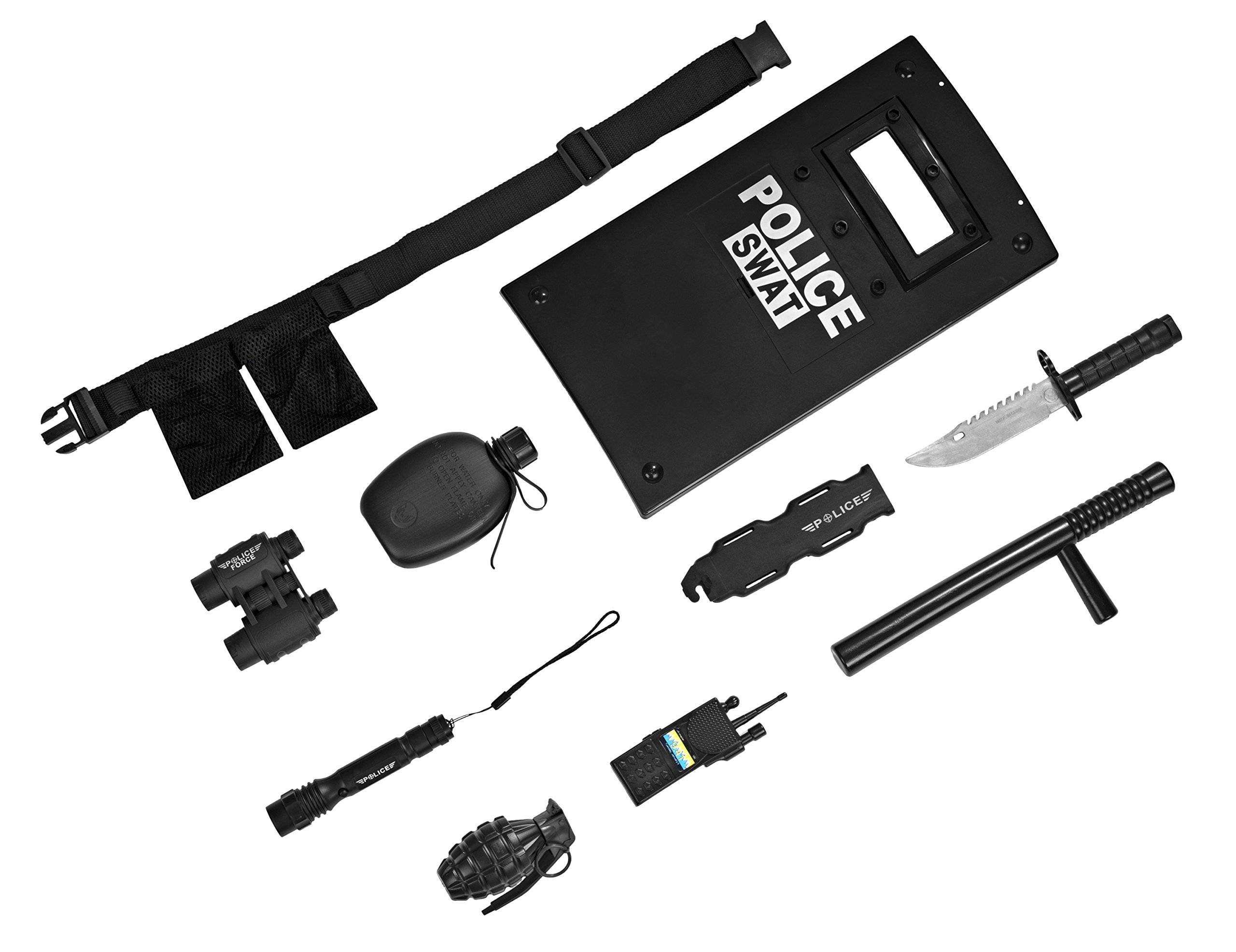 Dress Up America Police Officer SWAT Role Play Set for Kids - Police Accessory Set - Police Pretend Play Accessory Set Includes Plastic Baton and Binoculars Shield, Adjustable Belt, Flashlight & More