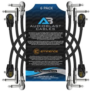 6 units - 9 inch - audioblast hq-1-braid(black)-flexible-dual shielded(100%)-instrument effects pedal patch cable w/ ¼ inch (6.35mm) low-profile, r/a pancake type ts connectors & dual staggered boots