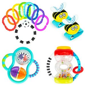 baby's first rattles developmental giftset for newborns + | includes wrist rattles, hourglass rattle, 9 pc ring o’ links, and grasp & spin rattle