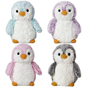 bundle of 4 aurora world pom pom penguin bright pink, blue, purple and gray plush, 6"