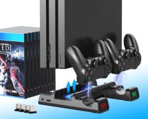 elecgear playstation 4 vertical stand and cooling fan, dual charging station for dualshock 4 controller charger dock with 4x mini dongle, 10x games storage bracket for ps4, ps4 pro and ps4 slim