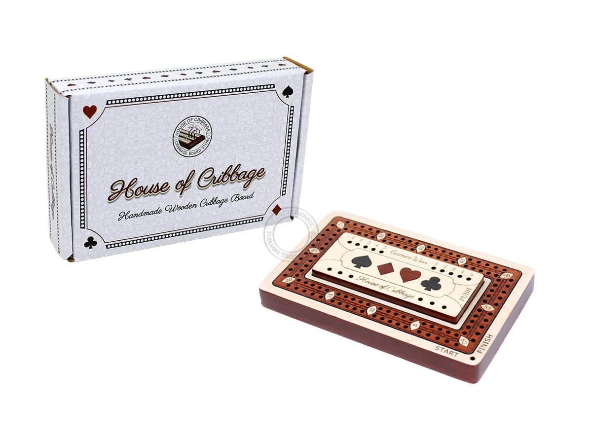 House of Cribbage - 2 Track - Wooden Travel/Pocket Size Cribbage Board - 4 Inch - Inlaid in Maple Wood/Bloodwood with Storage Space for Cribbage Pegs - 60 Points - Non Continuous