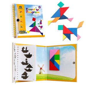 coogam travel tangram puzzle - magnetic pattern block book road trip game jigsaw shapes dissection stem games with solution for kid adult challenge - iq educational toy gift brain teasers 360 patterns