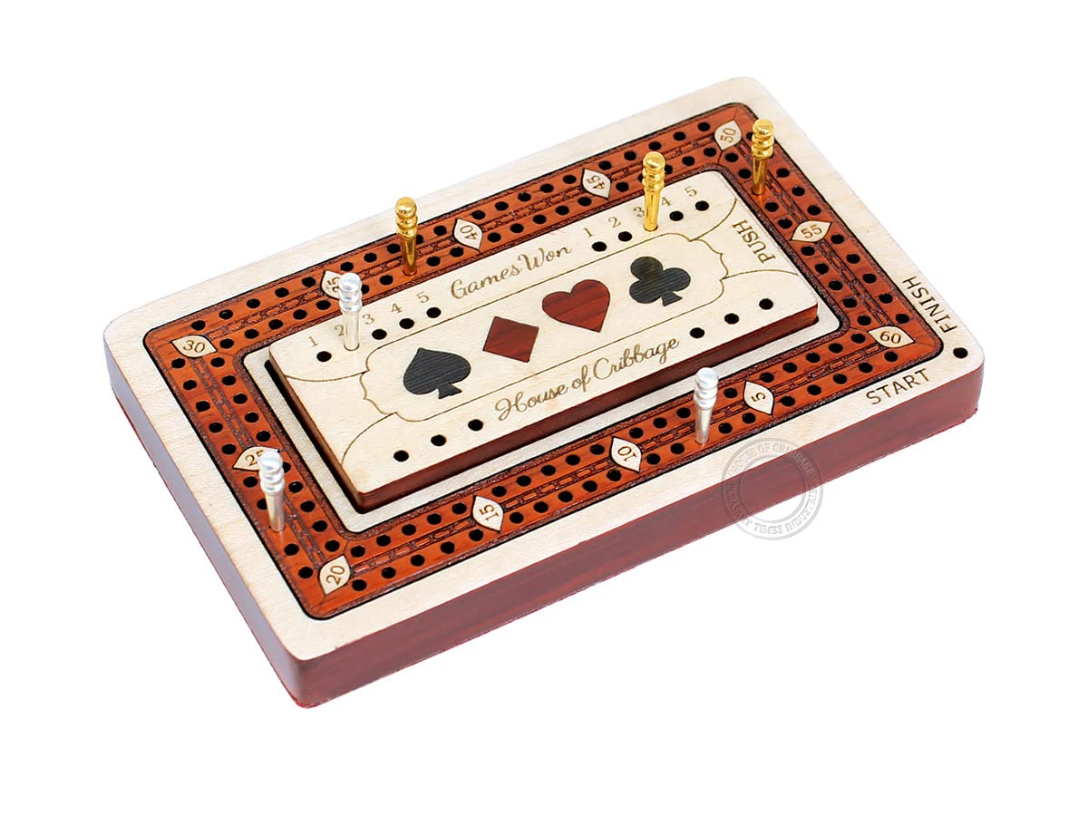 House of Cribbage - 2 Track - Wooden Travel/Pocket Size Cribbage Board - 4 Inch - Inlaid in Maple Wood/Bloodwood with Storage Space for Cribbage Pegs - 60 Points - Non Continuous