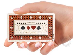 house of cribbage - 2 track - wooden travel/pocket size cribbage board - 4 inch - inlaid in maple wood/bloodwood with storage space for cribbage pegs - 60 points - non continuous