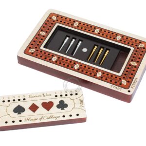 House of Cribbage - 2 Track - Wooden Travel/Pocket Size Cribbage Board - 4 Inch - Inlaid in Maple Wood/Bloodwood with Storage Space for Cribbage Pegs - 60 Points - Non Continuous