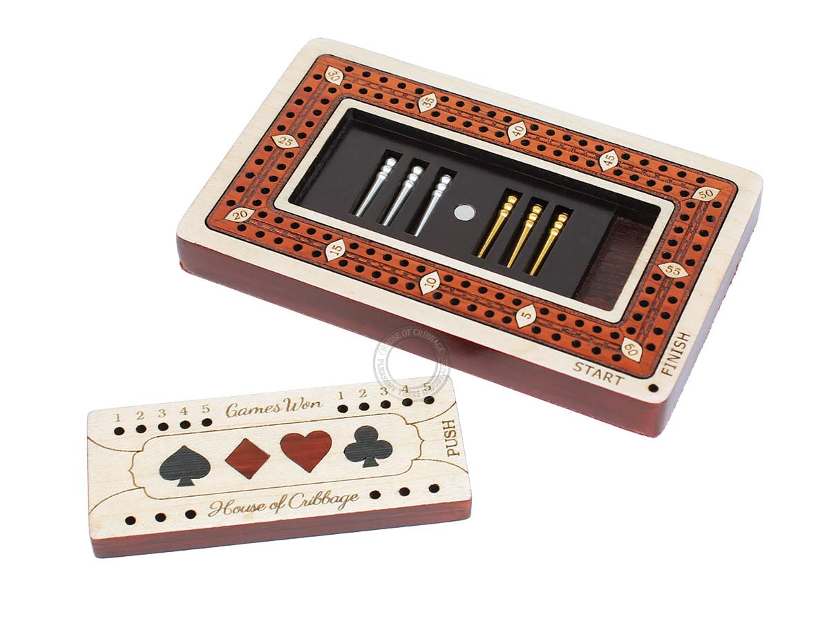 House of Cribbage - 2 Track - Wooden Travel/Pocket Size Cribbage Board - 4 Inch - Inlaid in Maple Wood/Bloodwood with Storage Space for Cribbage Pegs - 60 Points - Non Continuous