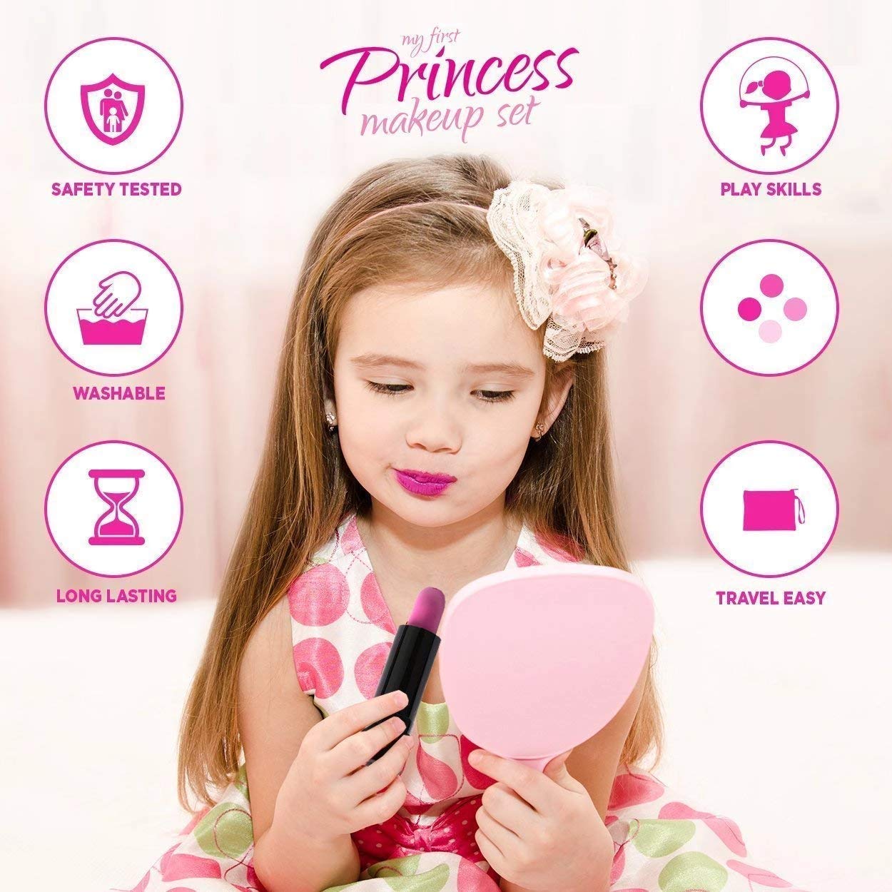 Playkidz Real Washable Play Make Up Set for Princess - Kids Makeup Kit for Girls Non Toxic - Full Makeup Dress Up Set with Bag. (11 PC)