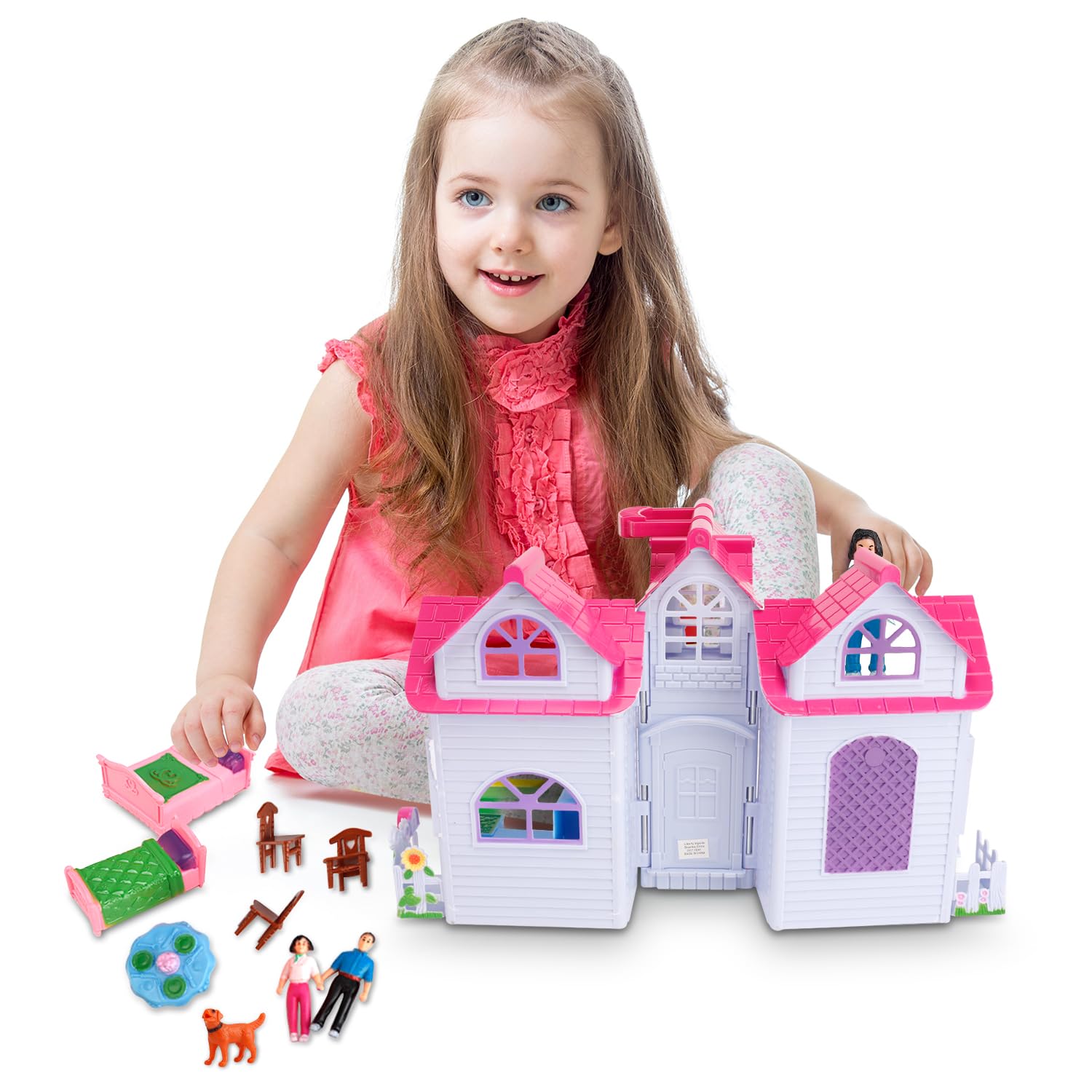 Liberty Imports My Pretty Dollhouse Fold and Go Pretend Play Mini Folding Doll House Playset with Pocket Toy Family Figures, Home Furniture and Accessories