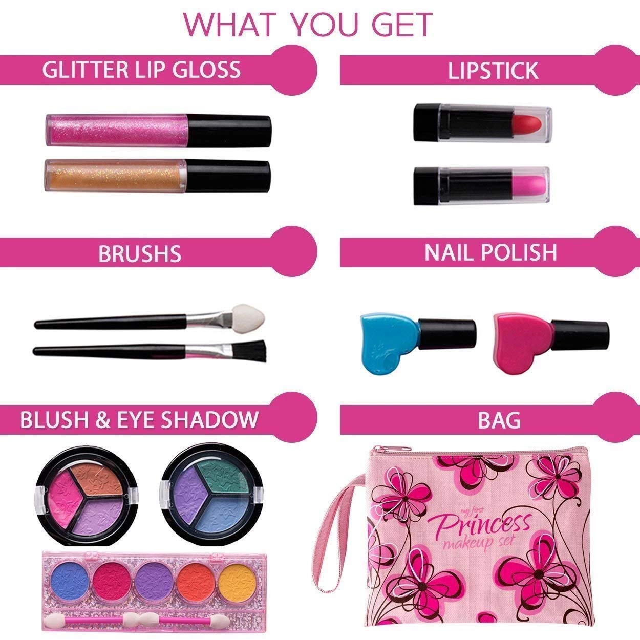 Playkidz Real Washable Play Make Up Set for Princess - Kids Makeup Kit for Girls Non Toxic - Full Makeup Dress Up Set with Bag. (11 PC)