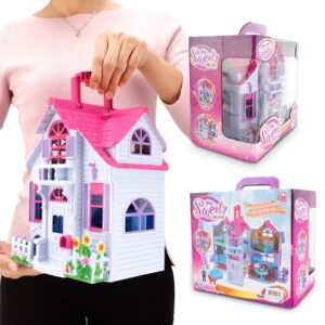 Liberty Imports My Pretty Dollhouse Fold and Go Pretend Play Mini Folding Doll House Playset with Pocket Toy Family Figures, Home Furniture and Accessories