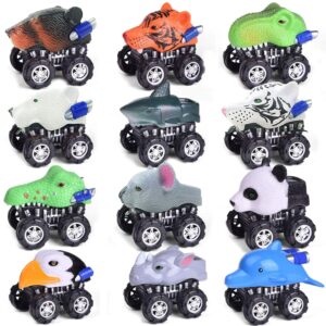 liberty imports 12 pack monster truck pull back cars, large animal toy pullback vehicles party favors play set for kids, boys, toddlers