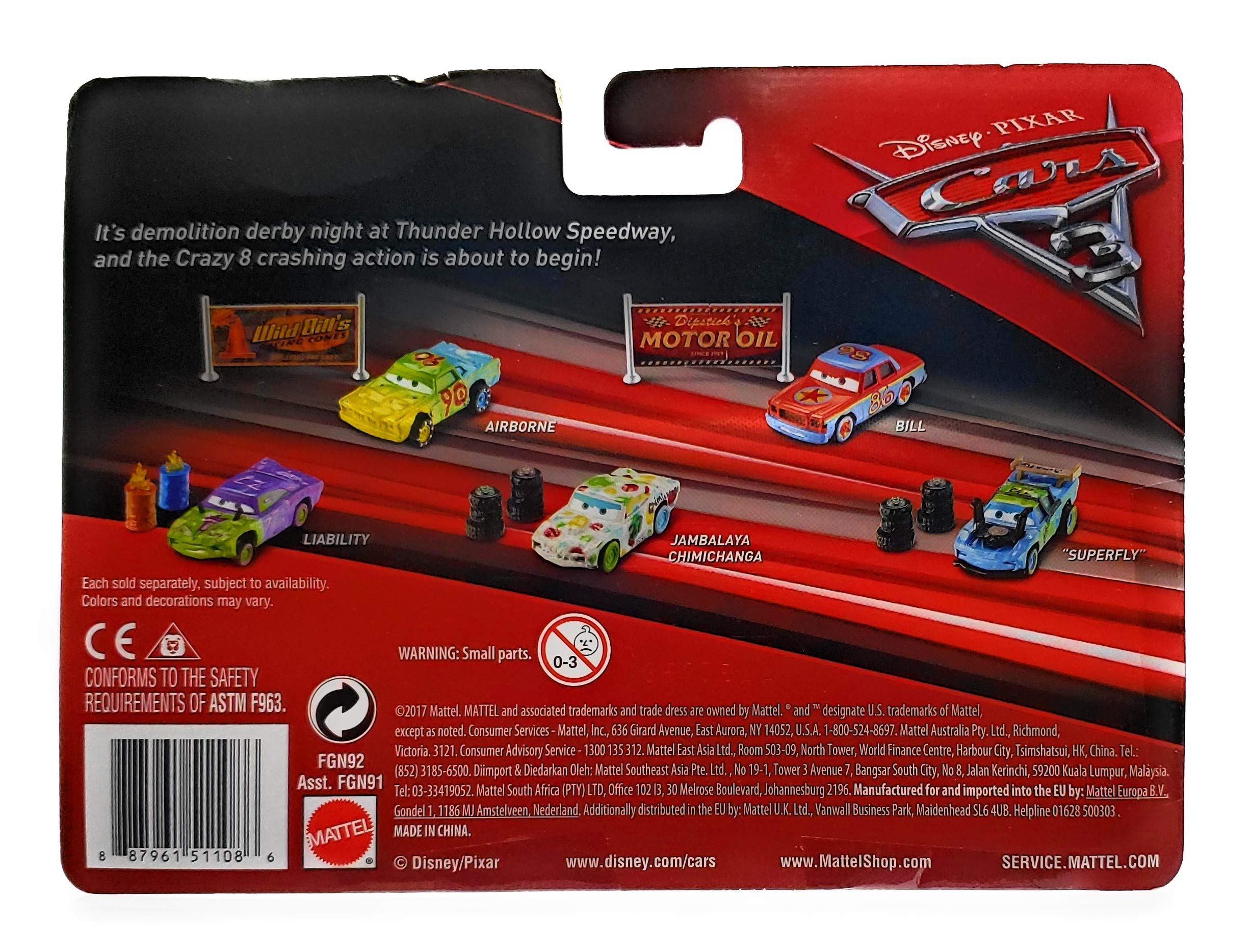 Pixar Cars Demo Derby Lightning McQueen as Chester whipplefilter 3 pc Set