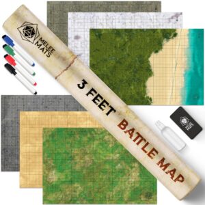 melee mats dnd map starter kit for dungeons & dragons game - 24” x 36" 3 pack double sided, wet/dry erase battle terrain grid - ultimate tabletop board gaming experience with accessories