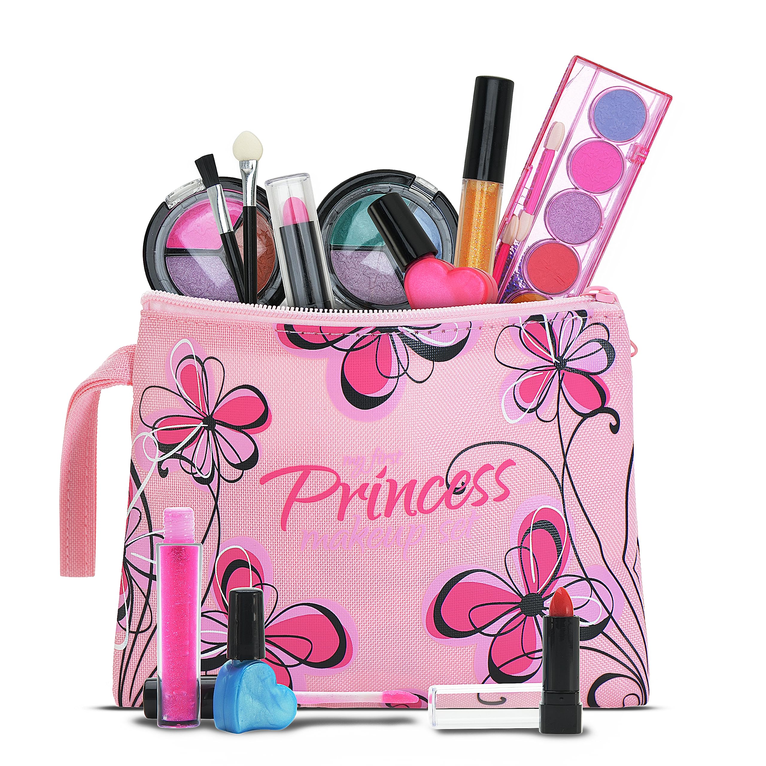 Playkidz Real Washable Play Make Up Set for Princess - Kids Makeup Kit for Girls Non Toxic - Full Makeup Dress Up Set with Bag. (11 PC)