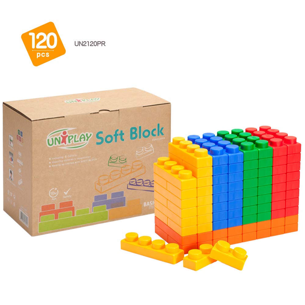 UNiPLAY Basic Soft Building Blocks — Cognitive Development Toy, Educational Blocks, Interactive Sensory Chew Toy for Ages 3 Months and Up (120-Piece Set)