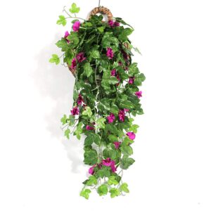 mynse 2 pieces hanging artificial morning glory flowers for balcnoy home garden decoration artificial morning glory flower vine purple with red