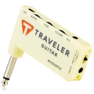 traveler guitar tga-1a acoustic guitar headphone amplifier | guitar headphone amp with 1/8" headphone jack and 1/8" aux-in for backing tracks | portable guitar amp with blend, tone and volume controls