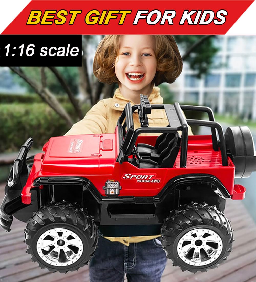 Remote Control Truck for Boys 4-7, High Speed Off Road 1:16 Pick-up Toys RC Car Monster Truck 2.4Ghz with LED Headlight Crawler for Kids