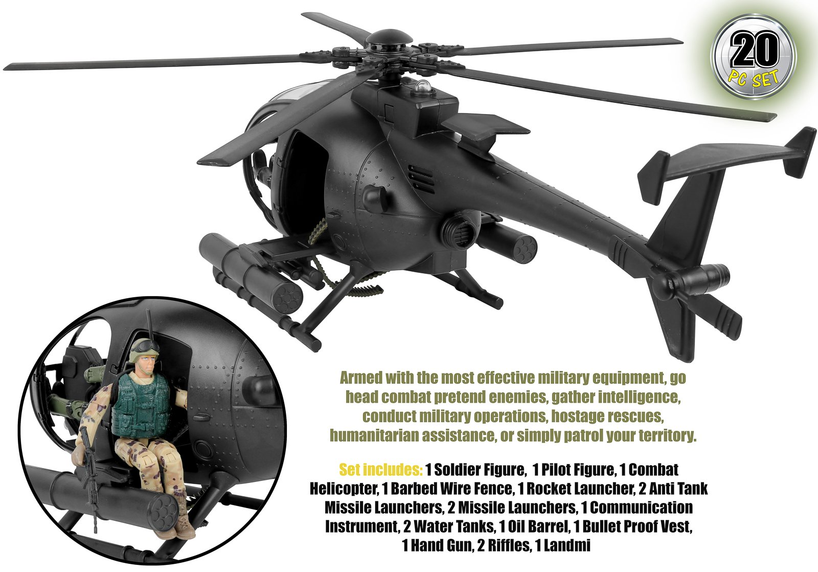 Click N' Play Military Attack Combat Helicopter Toy - 20 Piece Play Set Helicopter Toys with Accessories - Military Toys