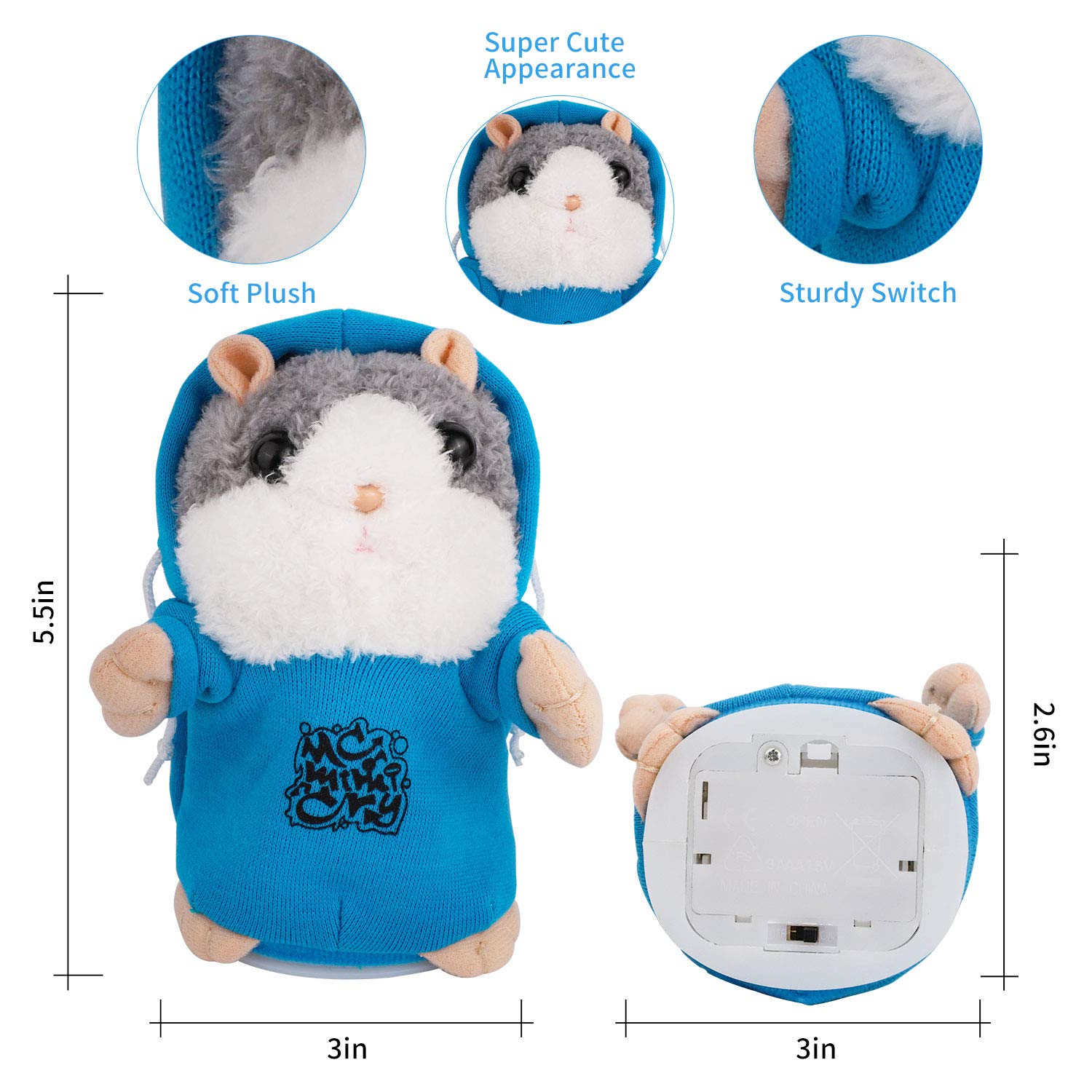 Qrooper Talking Hamster Repeats What You Say, Toys for 3+ Year Old Girl & Boy for Kids, Toddler Toys Autism Sensory Toys for Kids Gifts, Plush Stuffed Animals Toys for Girls(Blue)