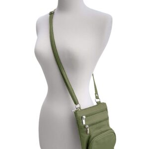 Roma Leathers Crossbody Zippered Purse - 3 Front Pockets, Adjustable Strap - Olive