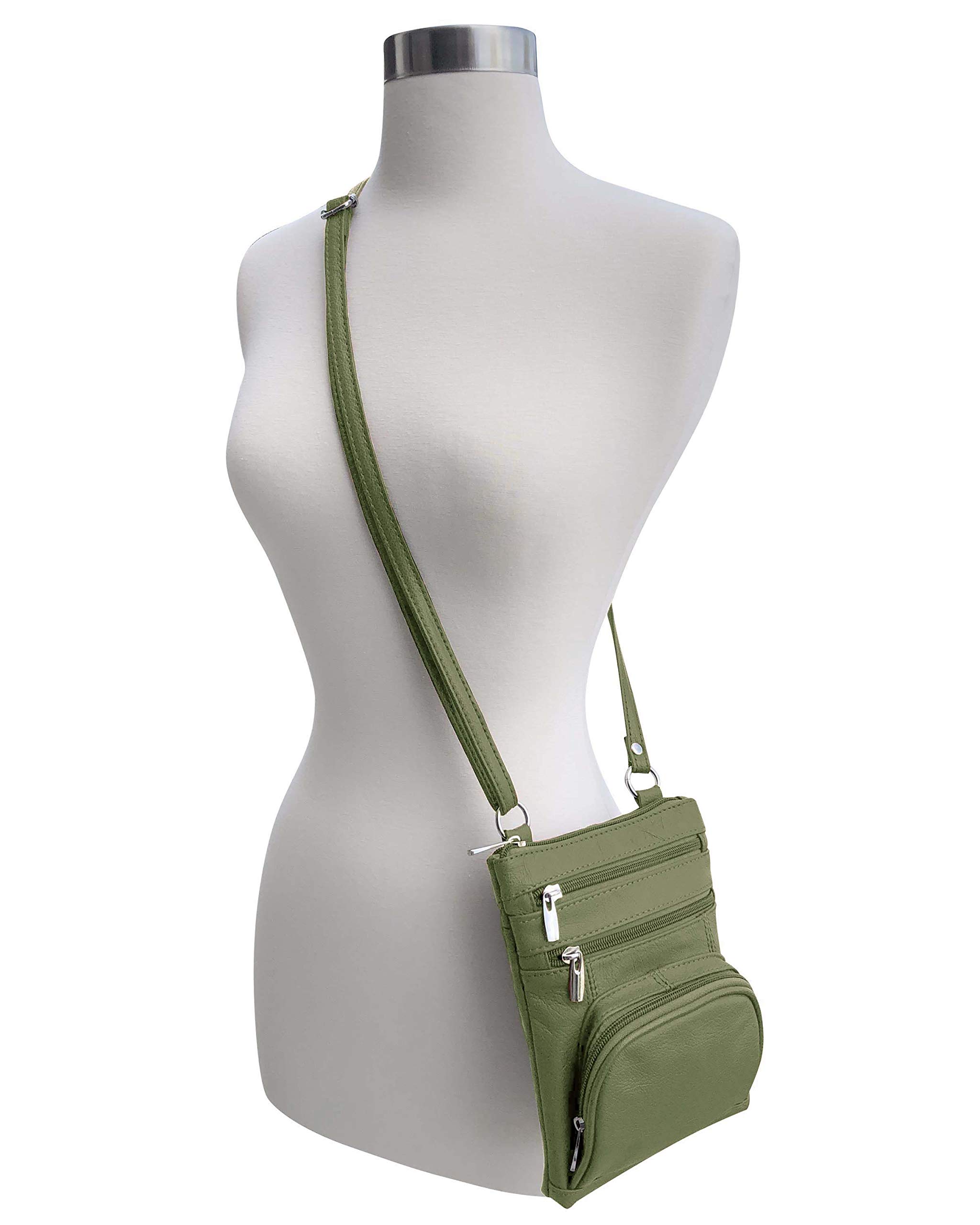 Roma Leathers Crossbody Zippered Purse - 3 Front Pockets, Adjustable Strap - Olive