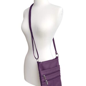 Roma Leathers Mini Body Purse - Multi Pocket Double Zipper Cross Body Handbag - Premium Purple Leather - Adjustable Shoulder Strap - Convenient Travel Bag - Designed in the U.S.A.