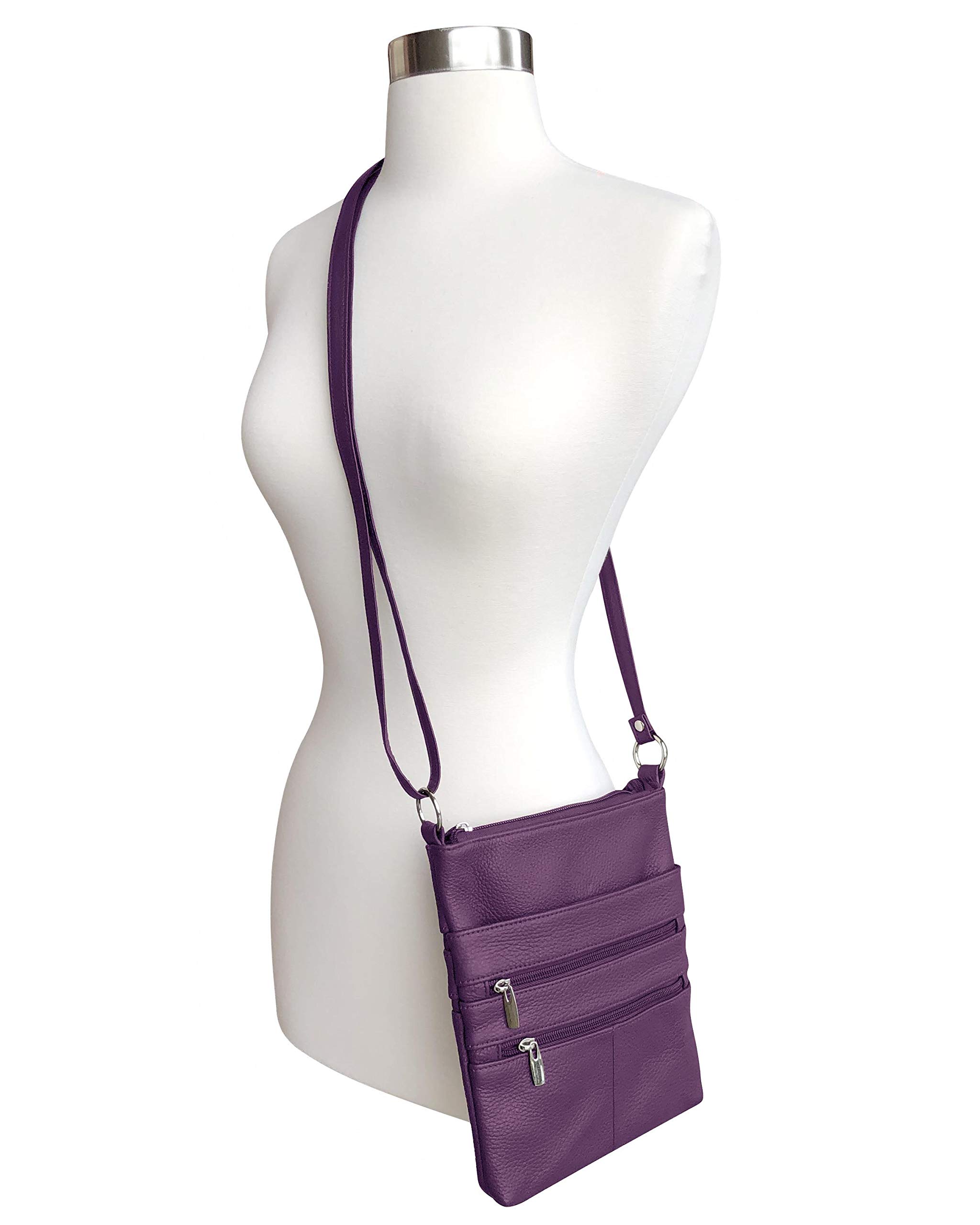 Roma Leathers Mini Body Purse - Multi Pocket Double Zipper Cross Body Handbag - Premium Purple Leather - Adjustable Shoulder Strap - Convenient Travel Bag - Designed in the U.S.A.